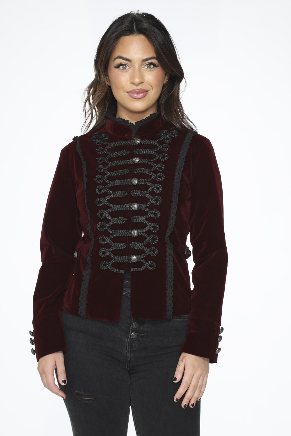 30151 Burgundy Velvet Military Jacket - Orchid Bloom